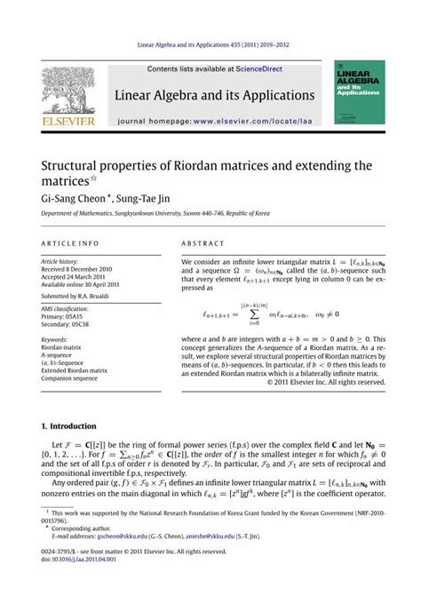Pdf Structural Properties Of Riordan Matrices And Extending The Matrices Dokumen Tips