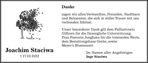 Traueranzeigen Von Joachim Staciwa Trauer Anzeigende