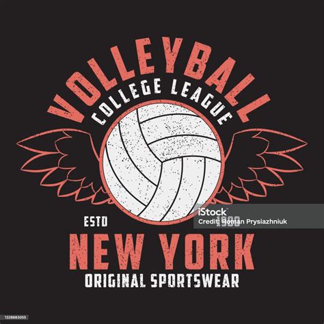 공과 날개가 달린 의류용 배구 뉴욕 그런지 프린트 티셔츠용 타이포그래피 엠블럼 운동복을 위한 디자인 벡터 T 셔츠에 대한 스톡 벡터 아트 및 기타 이미지 Istock