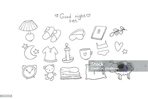 수 면에 대 한 설정 합니다 침실에 대 한 아름 다운 것 들입니다 안녕히 주무세요 좋은 꿈꾸세요 흰색 바탕에 고립 된 개체를