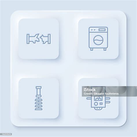 세트 라인 깨진 파이프 와셔 화장실 브러시 및 가스 보일러 흰색 정사각형 버튼 벡터 가사 집안일에 대한 스톡 벡터 아트 및 기타 이미지 가사 집안일 가정 생활 공기