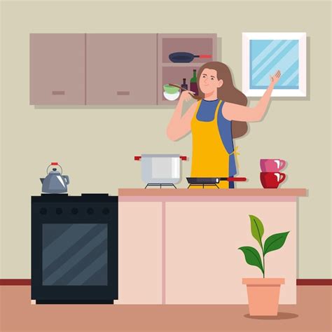 부엌에서 요리하는 여자 프리미엄 벡터