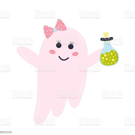 물약과 머리 활 한 병이있는 귀여운 분홍색 유령 흰색 배경에 고립 된 할로윈 캐릭터 가공의 인물에 대한 스톡 벡터 아트 및 기타 이미지 가공의 인물 공휴일 귀신