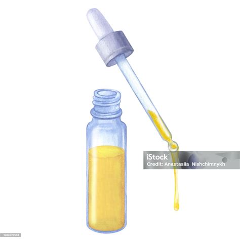 노란색 에센셜 오일 피펫이 있는 파란색 유리병 손으로 그린 수채화 그림은 흰색 배경에 분리되어 있다 화장품 포장 미용 잡지 로고 건강관리와 의술에 대한 스톡 벡터 아트 및