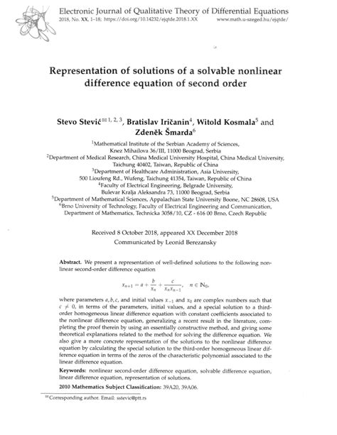 Pdf Representation Of Solutions Of A Solvable Nonlinear Difference Equation Of Second Order