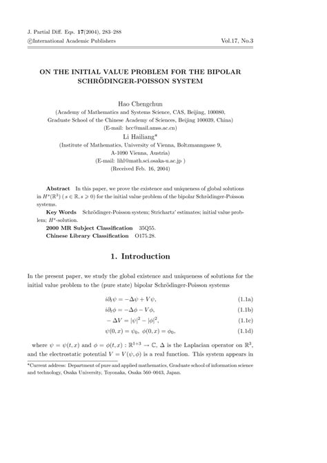 Global Science Press On The Initial Value Problem For The Bipolar Schr Odinger Poisson System