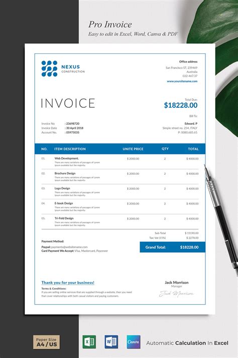Invoice Template Invoice Design MS Excel Auto Calculation Features Receipt Word Invoice