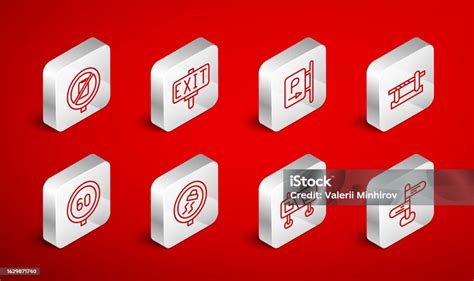 라인 도로 교통 표지판 비상구 주차 자동차 장벽 휴대 전화 없음 미끄러운 도로 및 속도 제한 아이콘을 설정하십시오 벡터 3차원