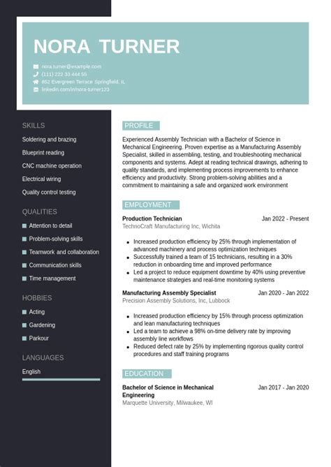 Assembly Technician Resume Example Jobseeker