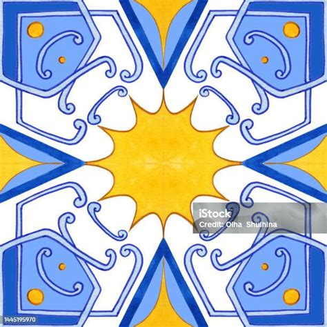 Majolica 수채화 이음새가 없는 무늬 시칠리아 손으로 그린 장식품 전통적인 파란색과 노란색 세라믹 타일 포르투갈어 전통 Azulejo 패턴 모로코 스타일 마졸리카에