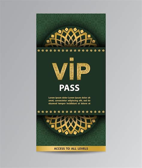황금빛 빛나는 Vip 기호 만다라가있는 녹색 Vip 패스 입장 전단지 템플릿 프리미엄 벡터
