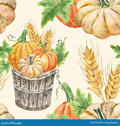 Watercolor Fall Seamless Pattern With Orange Pumpkins In A Wooden