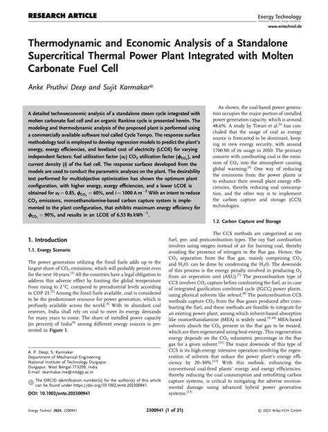Thermodynamic And Economic Analysis Of A Standalone Supercritical Thermal Power Plant Integrated