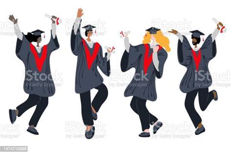 대학 졸업자 학업 가운 졸업 모자 졸업장 소지에 행복하고 다양한 국제 졸업생 그룹 가공의 인물에 대한 스톡 벡터 아트 및 기타 이미지 가공의 인물 검은색 공부