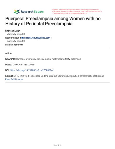 Pdf Puerperal Preeclampsia Among Women With No History Of Perinatal