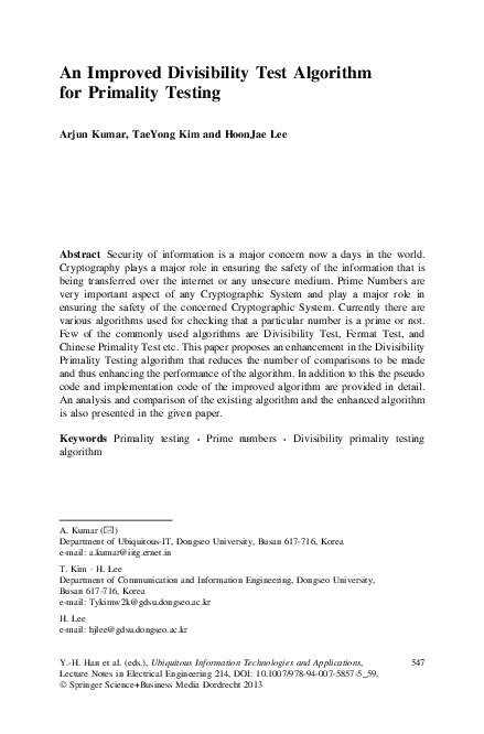 Pdf An Improved Divisibility Test Algorithm For Primality Testing