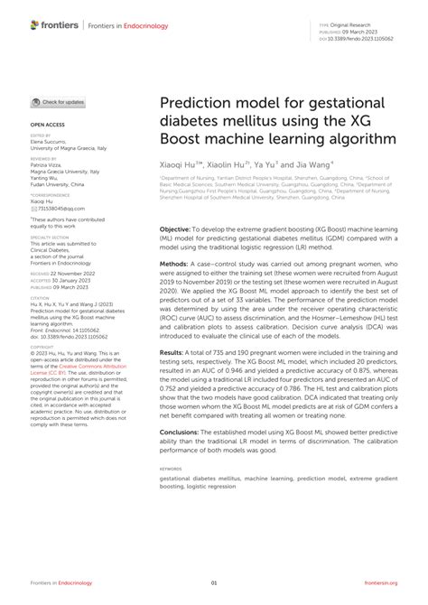 Pdf Prediction Model For Gestational Diabetes Mellitus Using The Xg Boost Machine Learning