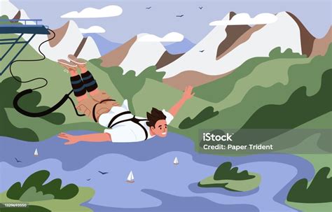 번지 로프 점퍼 점프 탄성 코드로 아래로 떨어지는 행복한 남자 호수와 산과 여름 풍경을 통해 극단적 인 번지 점프 토지 다이빙 중 사람의 평평한 벡터 일러스트레이션 번지