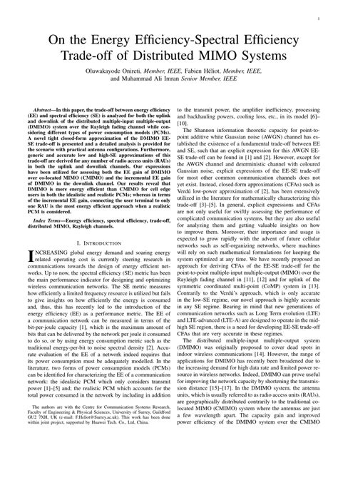 Pdf On The Energy Efficiency Spectral Efficiency Trade Off Of Distributed Mimo Systems
