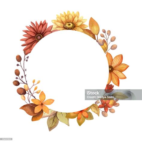 수채화 꽃과 나뭇 가지와 복사 공간이있는 가을 둥근 프레임 소박한 스타일의 손으로 그린 꽃 가장자리 템플릿입니다 가을 식물 초대장 및 카드 디자인에 적합합니다 10월에 대한