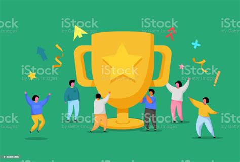 비즈니스 팀의 성공 성취 개념 평평한 인물 캐릭터와 상금 황금 컵 큰 트로피와 함께 축 하 사무실 노동자 개념에 대한 스톡 벡터 아트 및 기타 이미지 Istock