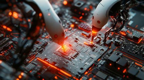 Robotic Arms Assembling A Circuit Board Stock Illustration