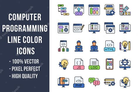 Ícones De Cor De Linha De Programação De Computador Vetor Premium
