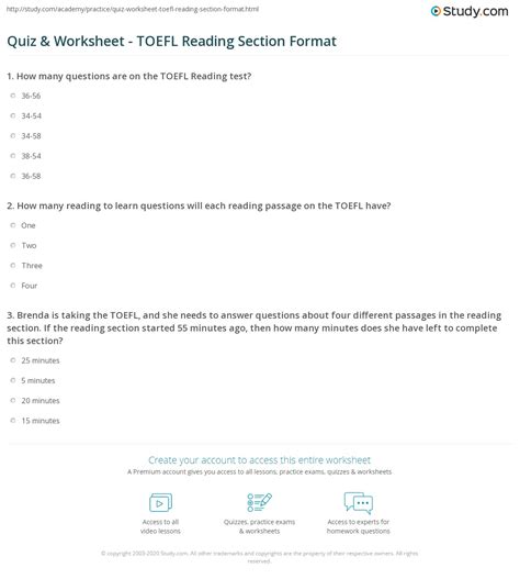 Quiz And Worksheet Toefl Reading Section Format Worksheets Library