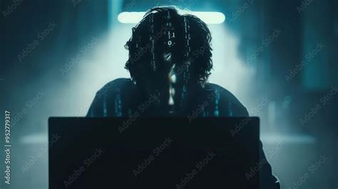 Silhouetted Hacker Figure Hunched Over Glowing Computer Screen In Dark Room Matrixlike Code
