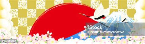 골드 격자 무늬 배경과 후지산 구름 사이로 보이는 두루미와 벚꽃 가로로 긴 배경 재료 0명에 대한 스톡 벡터 아트 및 기타 이미지 0명 New Years