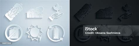 설정 태양 에너지 패널 환경 보호의 손에 공장 가솔린에 대한 아니 캐니스터 플라스틱 병을 재활용 환경 친화적 인 집과 바다 오염 아이콘을 중지합니다 벡터 3차원 형태에 대한