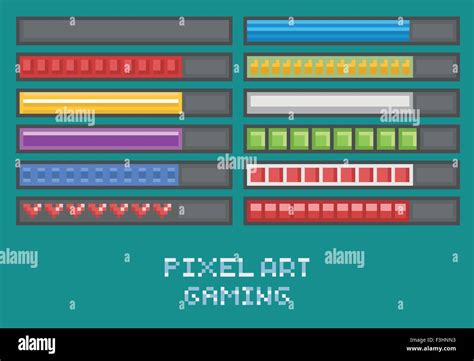 Pixel Art Game Development Set Progress Bar Loading Health Points Mana Ammo Stock Vector