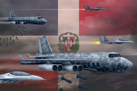 도미니카 공화국 공군 폭격 스트라이크 개념입니다 도미니카 공화국 육군 항공 비행기 깃발 배경에 폭탄을 드롭 3d 일러스트레이션 공군에 대한 스톡 사진 및 기타 이미지