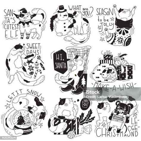 귀여운 크리스마스 고양이와 작곡 세트 원래 따옴표 재미있는 고양이와 새해 스티커 휴일 파티를위한 인사말 카드 벡터 일러스트레이션의 플랫 스타일입니다 흰색 배경에 고립되어