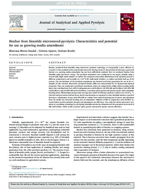 Pdf Biochar From Biosolids Microwaved Pyrolysis Characteristics And