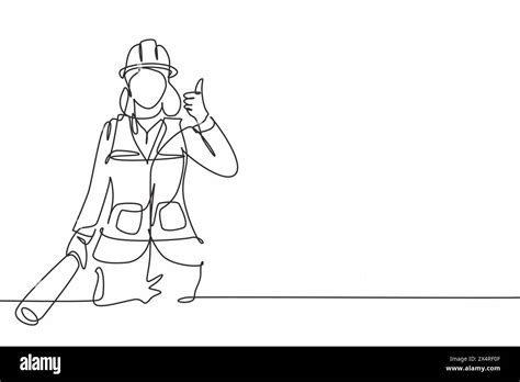 Continuous One Line Drawing Female Architect With A Gesture Of Raising