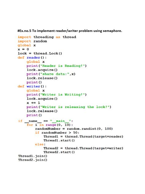 ex no 5 to implement reader writer problem using semaphore pdf