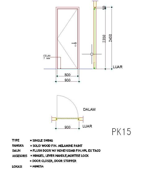 Detailed Design Of 900×2400 Sized Single Swing Door Is Given In Autocad