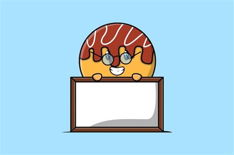 평평한 만화 스타일의 큰 화이트보드가 있는 귀여운 만화 타코야끼 선생님 캐릭터 프리미엄 벡터