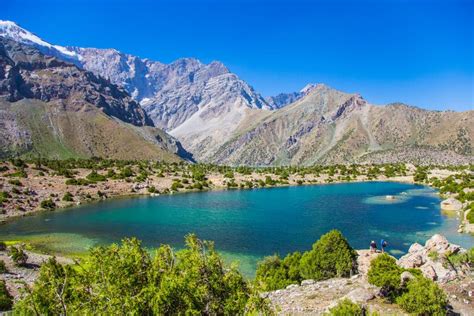 Lagos Kulikalon Montañas Fann Turismo Tayikistán Foto De Archivo
