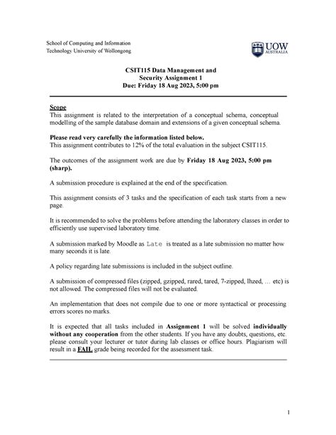 Assignment 1 CSIT115 Asignment 1 1 School Of Computing And
