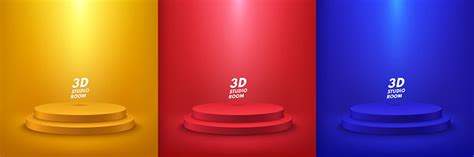 현대 웹 사이트에 제품에 대한 추상 라운드 디스플레이세트 연단과 최소한의 텍스처 벽 장면으로 배경 렌더링 3d 렌더링 기하학적 모양 노란색 빨간색과 파란색 0명에 대한 스톡