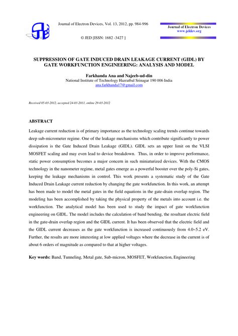 Pdf Suppression Of Gate Induced Drain Leakage Current Gidl By Gate Workfunction Engineering