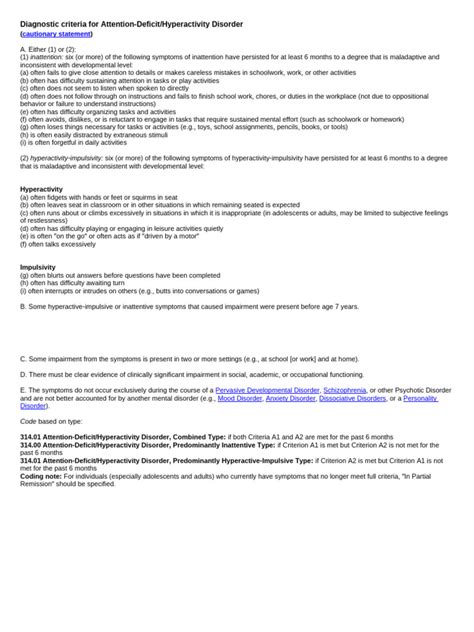 Diagnostic Criteria For Attention Deficithyperactivity Disorder Pdf