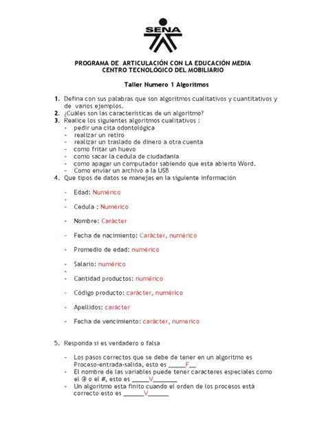 1 Taller 1 Algoritmos Pdf Algoritmos Programa De Computadora