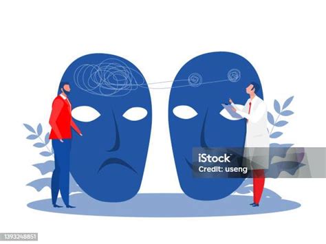의사 시험 표현 증후군 행복하거나 슬픈 마스크 양극성 장애 가짜 얼굴과 감정 건강 개념 벡터 일러스트 레이터 문제에 대한 스톡