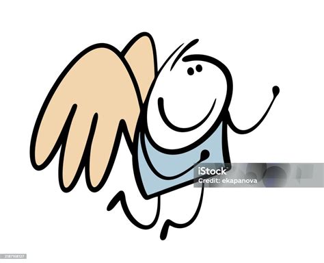 만화 행복한 소년은 깃털로 날개를 만들었습니다 하늘에서 날아 다니는 Stickman의 벡터 그림 천국에 있는 천사입니다 고립 된 재미 있는 손으로 그린 천사 흰색 배경