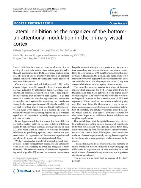 Pdf Lateral Inhibition As The Organizer Of The Bottom Up Attentional Modulation In The Primary