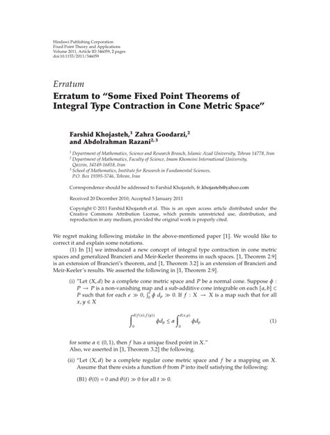 Pdf Erratum To “some Fixed Point Theorems Of Integral Type Contraction In Cone Metric Space”