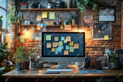 Cluttered Desk With Computer Monitor And Sticky Notes In A Lightfilled Messy Office Space